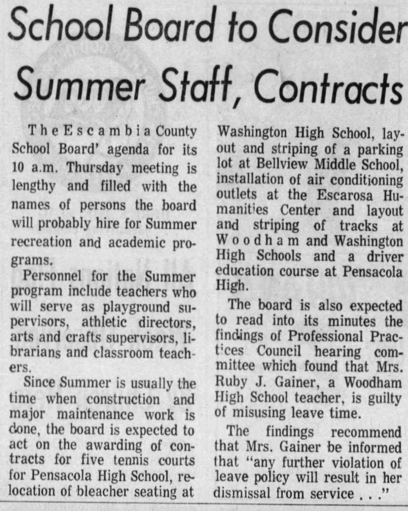 School Board to Consider Summer Staff, Contracts – W. J. Woodham 1970