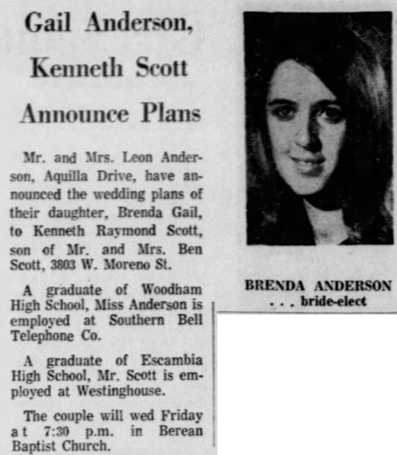 Gail Anderson, Kenneth Scott Announce Plans – W. J. Woodham 1970