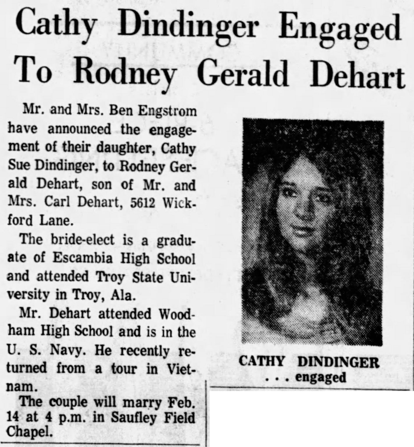 Cathy Dindinger Engaged to Rodney Gerald Dehart – W. J. Woodham 1970